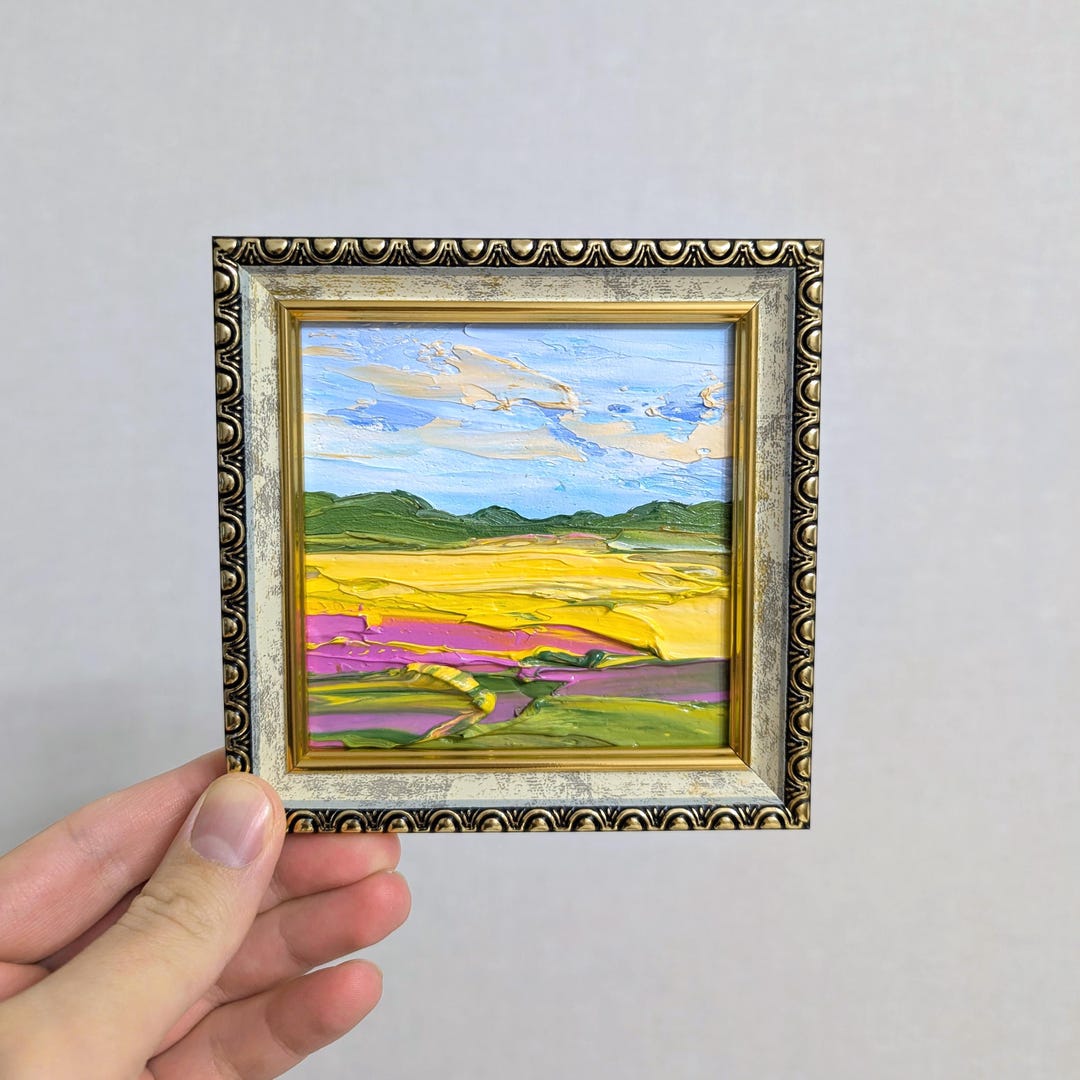 Pink and Yellow Field Painting, Original Small Impasto Art, Framed ...