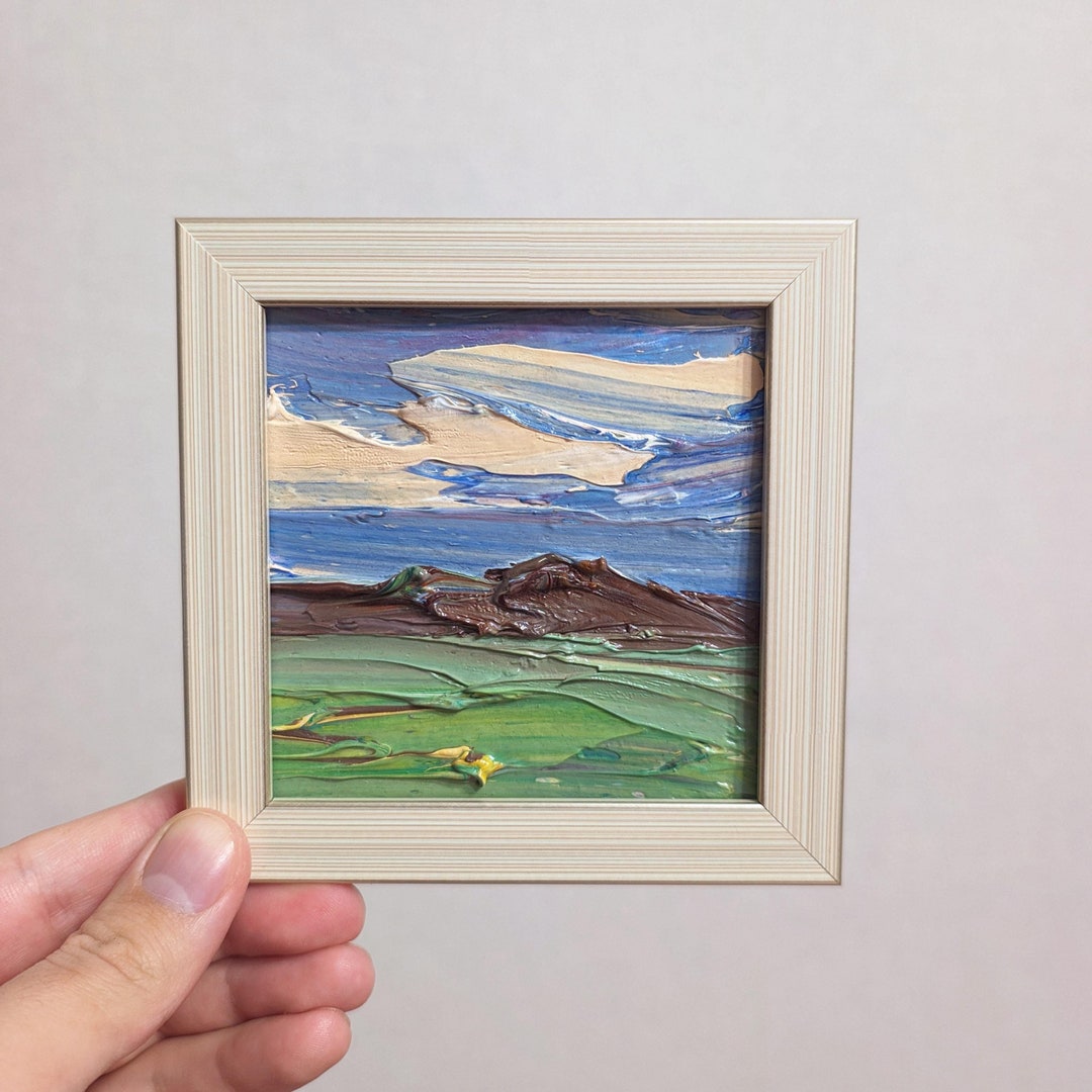 Small Landscape Painting, Mini Art, Framed Oil Painting, Gray Mountains ...