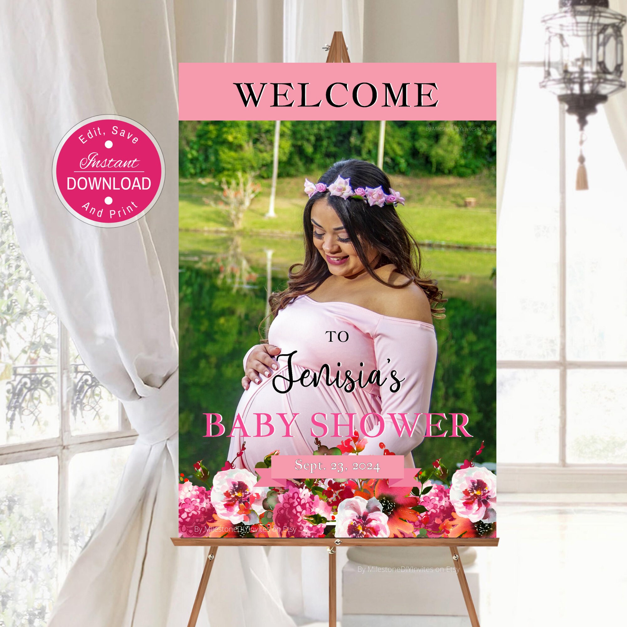 Baby Shower Welcome Sign Template With Photo for Girl / Pink Floral ...
