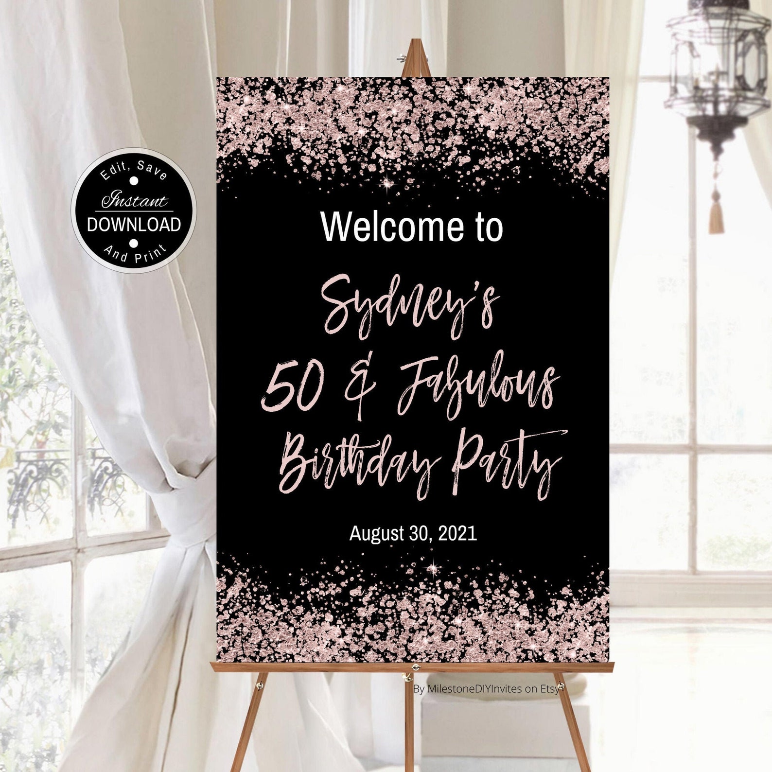 50 and Fabulous Welcome Sign Template / Black and Rose Gold / 24 X 36 ...