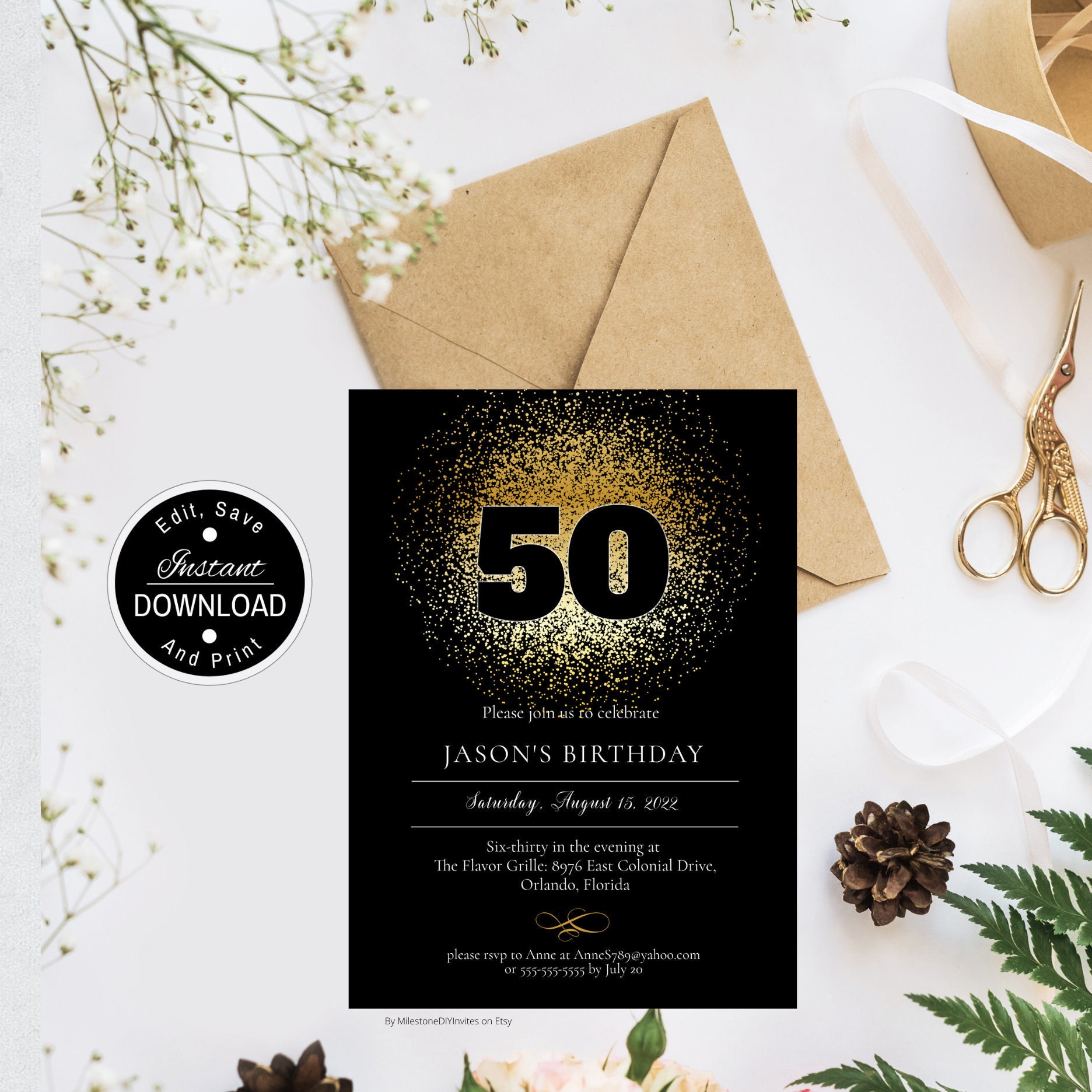 50th Birthday Invitation Template for Men / Black and Gold | Etsy
