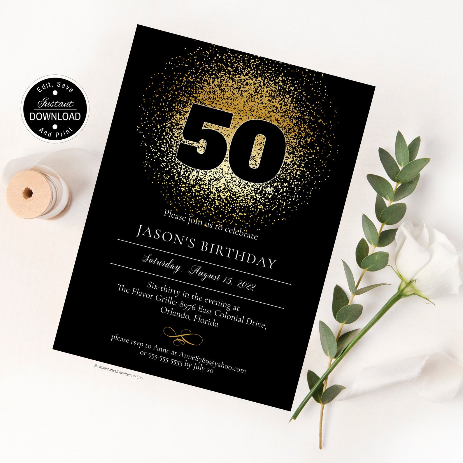 50th Birthday Invitation Template For Men Black And Gold Etsy