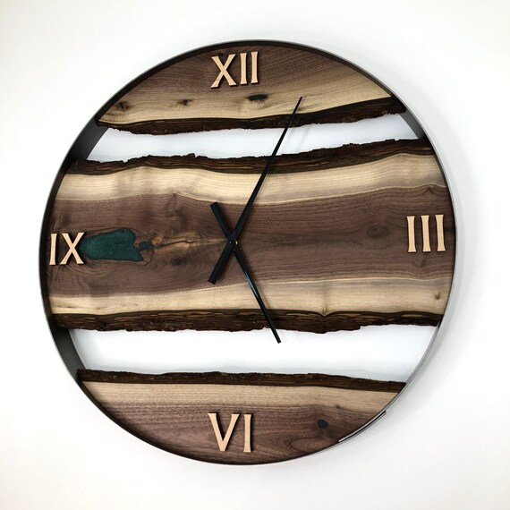 25 Live Edge Black Walnut Wood Wall Clock Ft. Green Epoxy | Etsy
