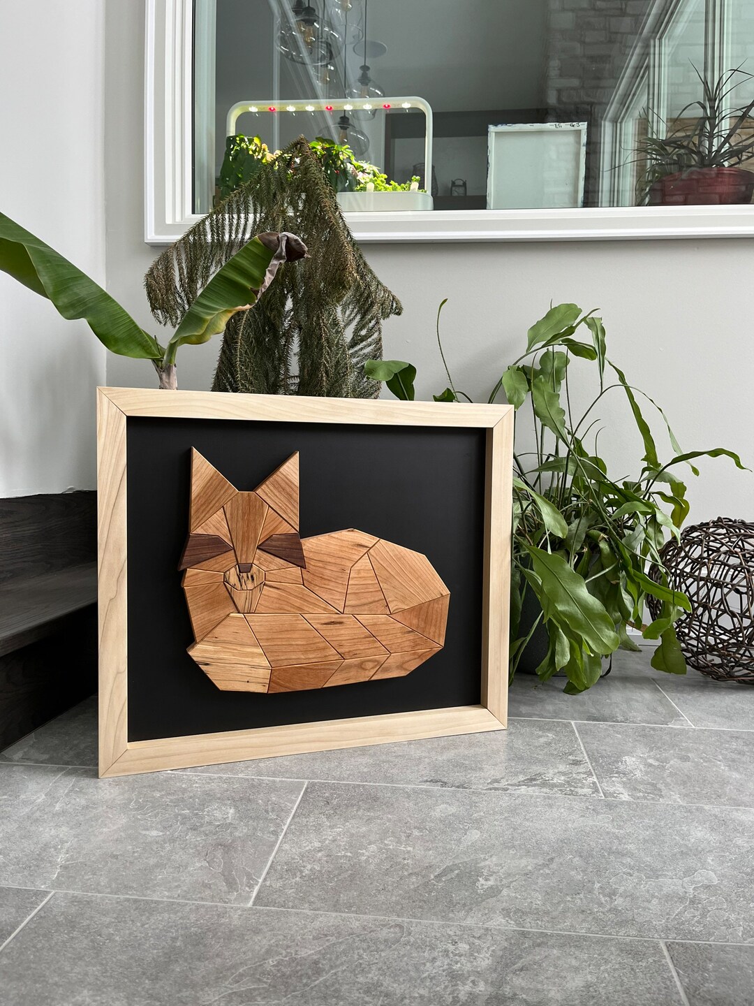 Geometric Wooden Fox in Wood Frame Handcrafted From Walnut, Cherry and ...