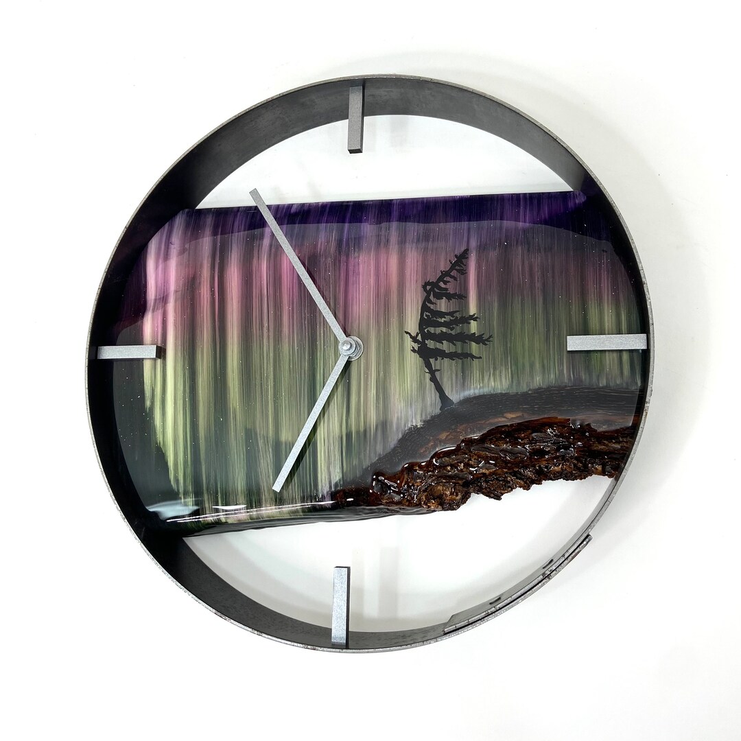 Wall Clock, 14” Diameter Northern Lights Live Edge Black Walnut Wood ...