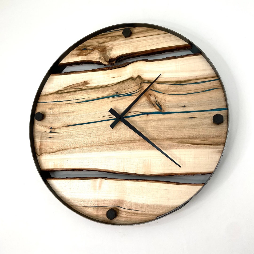 Live Edge Clock, 21 Ambrosia Maple Wood Wall Clock Ft. Teal Epoxy Inlay ...