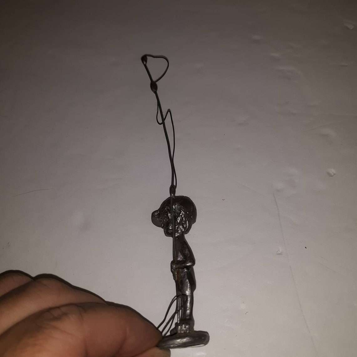 Vintage Handcrafted Pewter Fishing Figure/ Little Boy in Cap Holding a ...