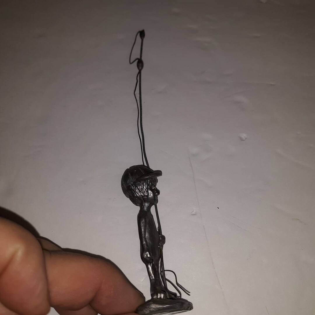 Vintage Handcrafted Pewter Fishing Figure/ Little Boy in Cap Holding a ...