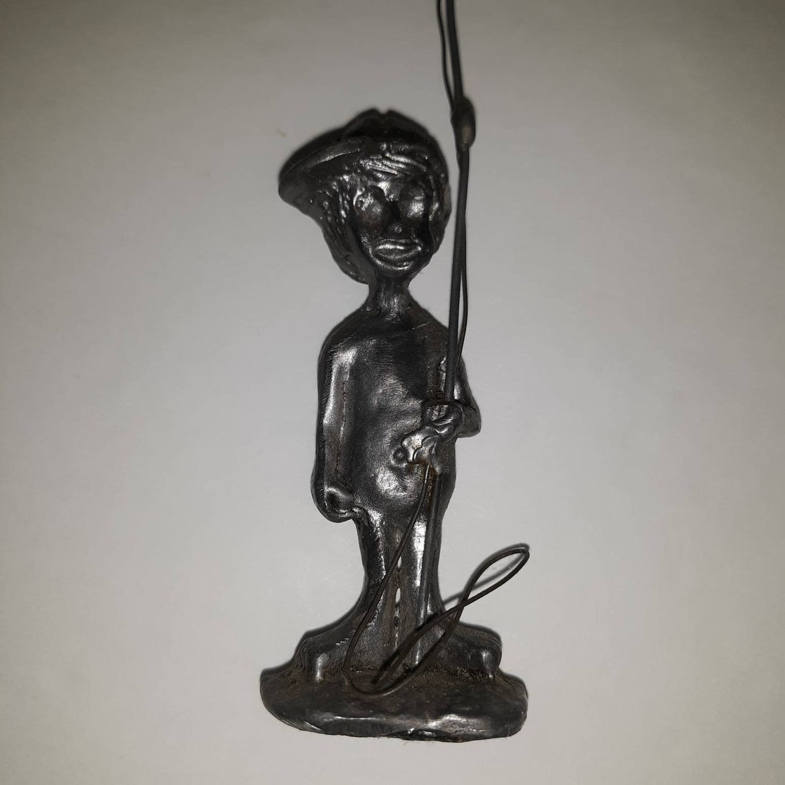 Vintage Handcrafted Pewter Fishing Figure/ Little Boy in Cap Holding a ...