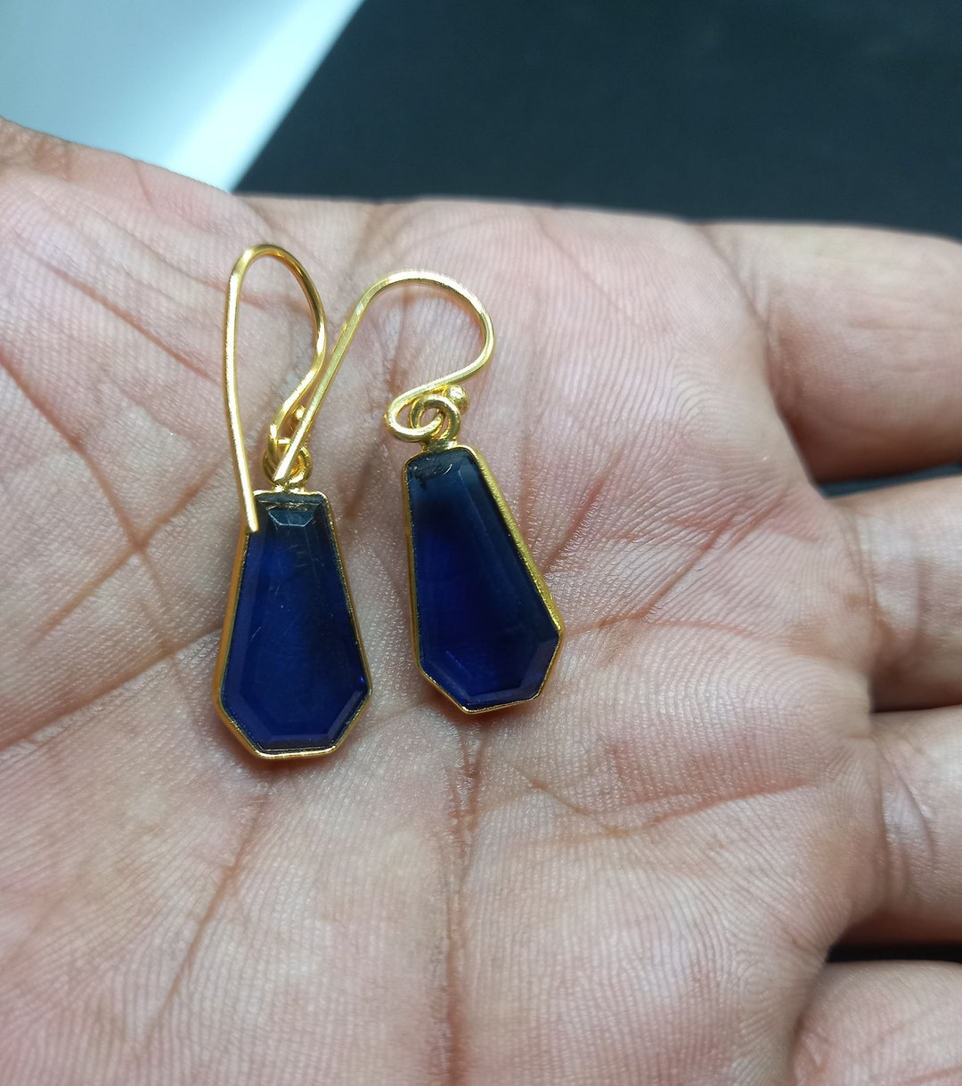 Lapis Lazuli Coffin Shape Gemstones Earrings, Daily Wear Earrings, Gold ...