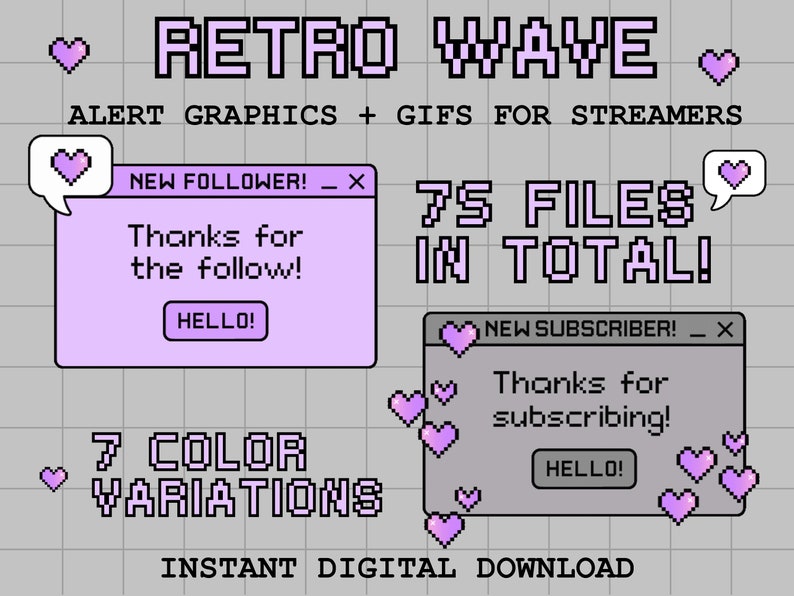 Retro Wave Pixel Pastel Animated Streamer Alert Graphics Pack for Live ...