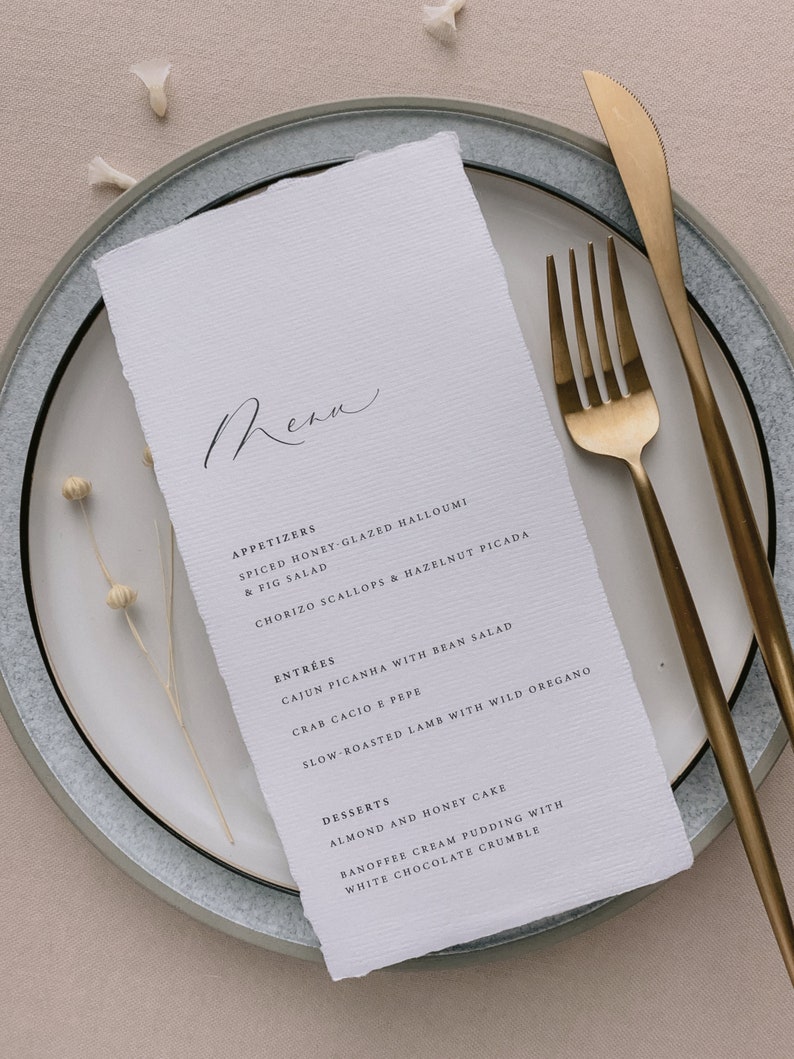 Printed Handmade Paper Wedding Menus Minimal Wedding Menus - Etsy