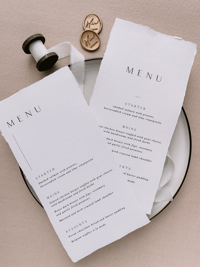 Printed Handmade Paper Wedding Menus Minimal Wedding Menus - Etsy