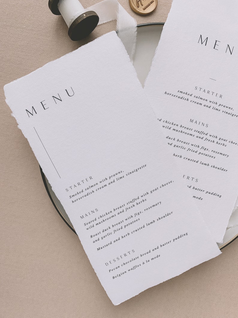 Printed Handmade Paper Wedding Menus Minimal Wedding Menus - Etsy