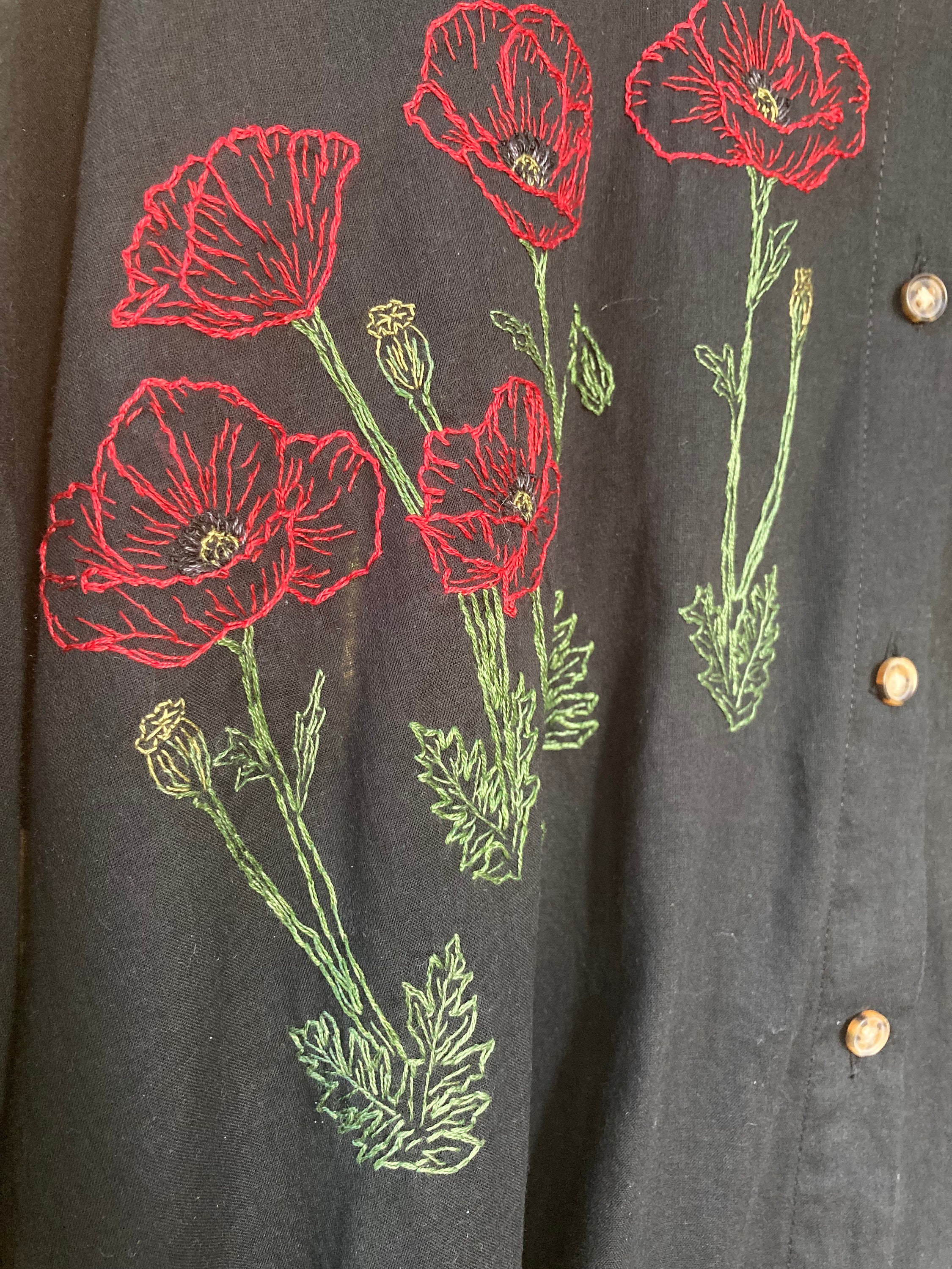 Upcycled Hand Embroidered Extra Long Black Blouse With Red Poppies ...