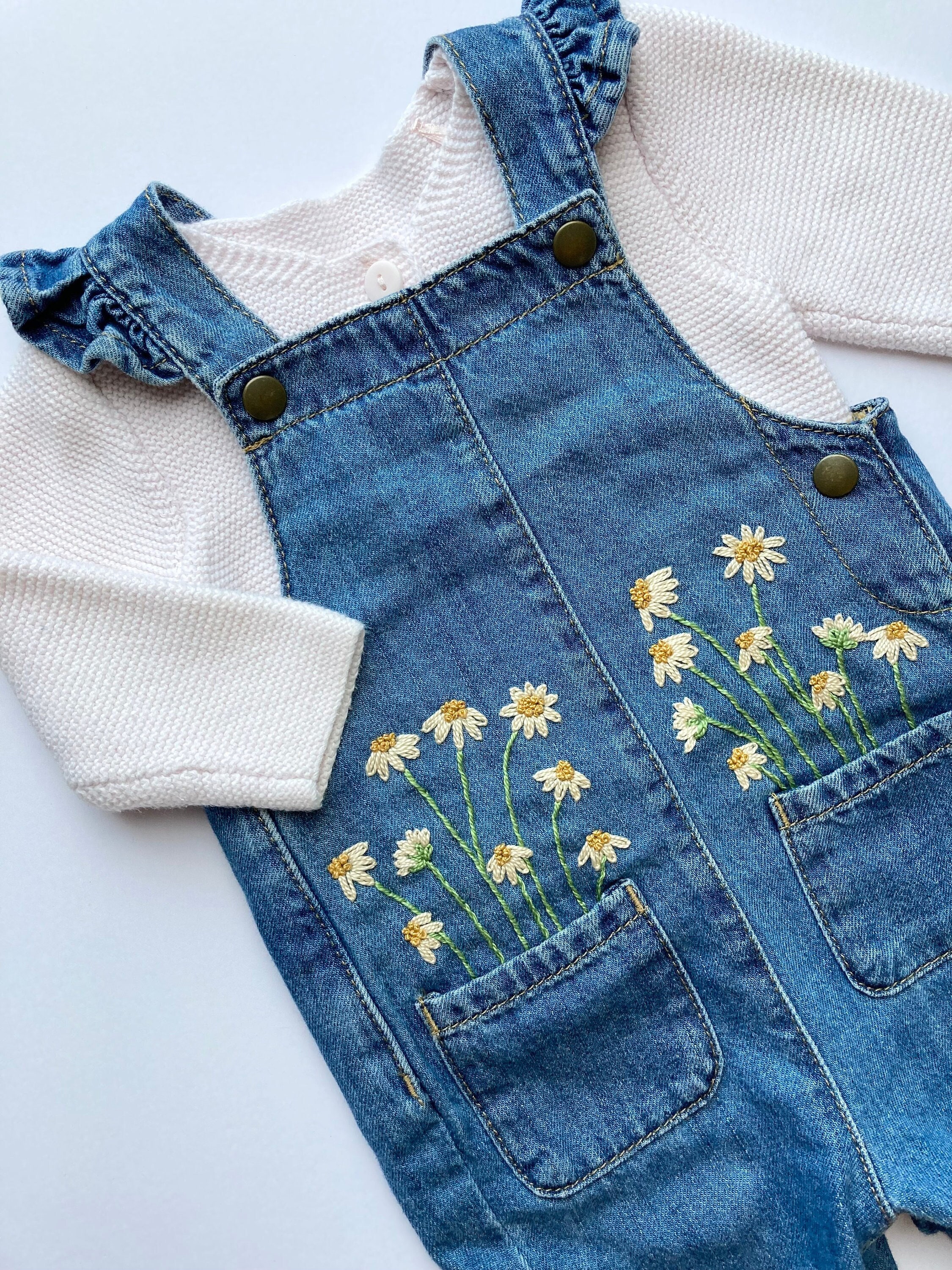 Hand Embroidered Daisies on Soft Baby Denim Dungarees Pocket Full of ...