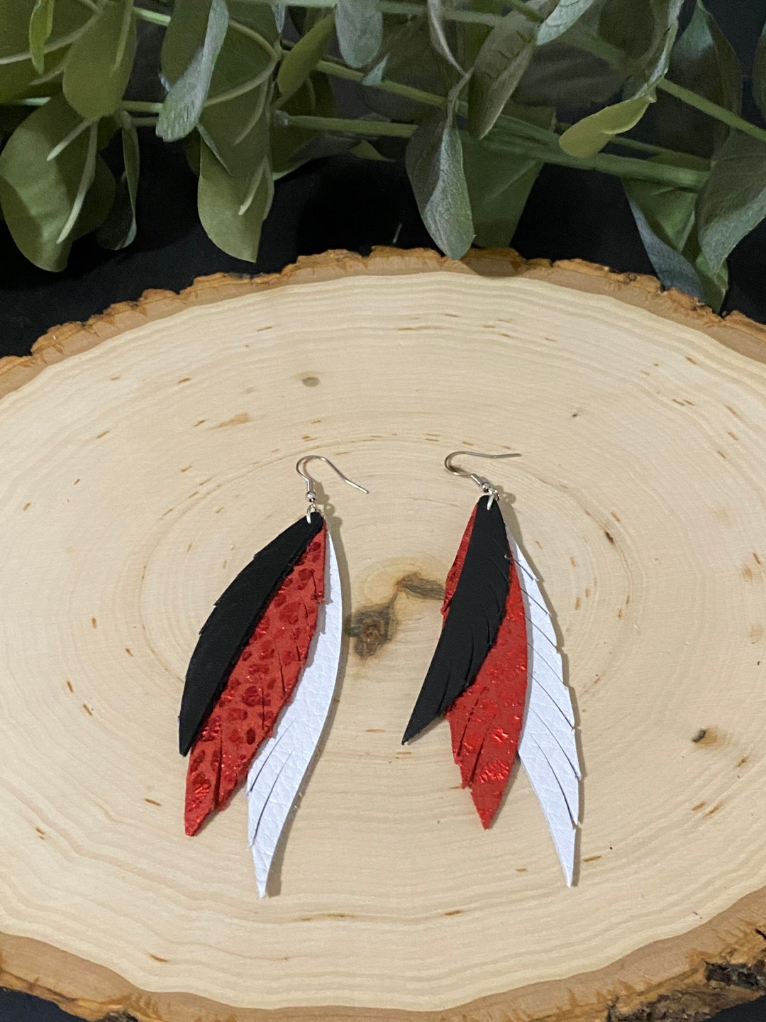Black Red White Feathered Fringe Leather Earrings Hurricanes Earrings ...