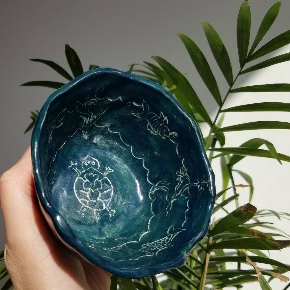 Underwater Themed Dark Greeny-blue Handbuilt Sgraffito Clay Bowl ...