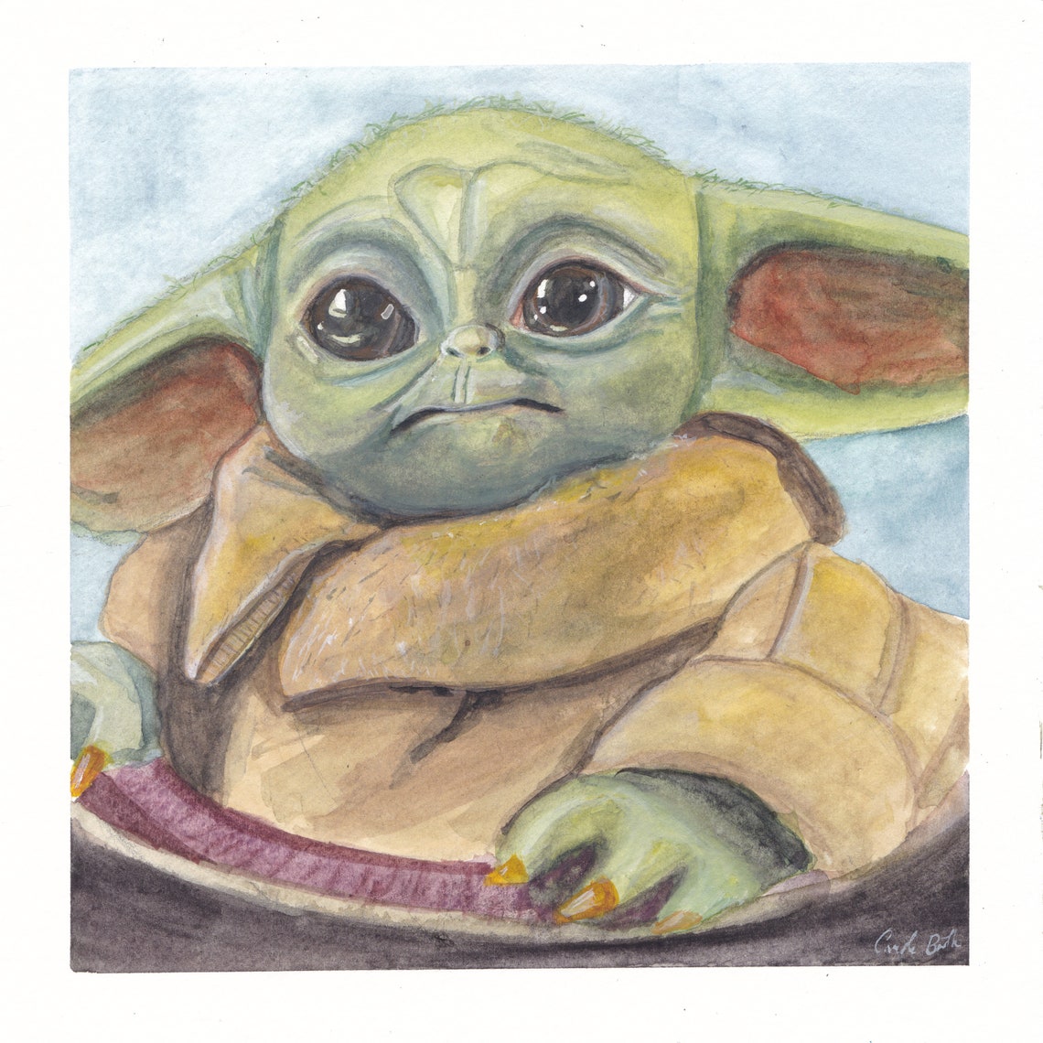 Baby Yoda Watercolor Art Print. Sad Cute Grogu From the - Etsy