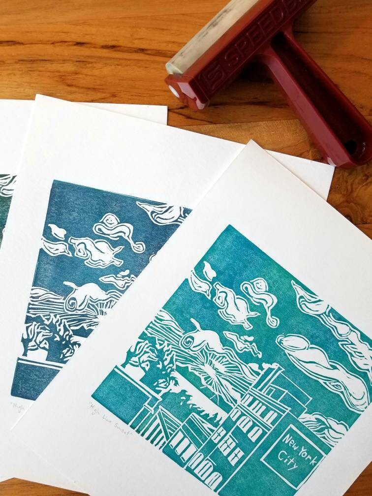 The High Line NYC Linocut Print. Sunset Cityscape Original Art Wall ...