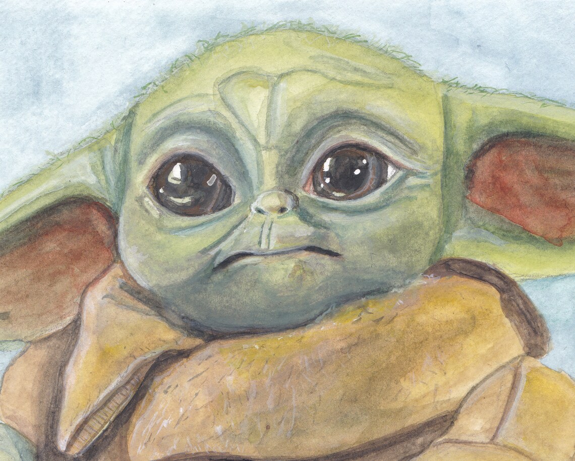 Baby Yoda Watercolor Art Print. Sad Cute Grogu From the - Etsy