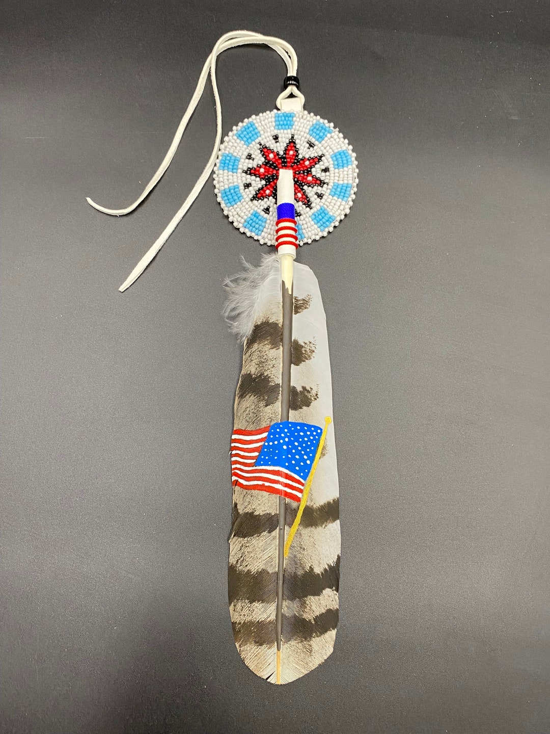 3” Beaded Medallion American Flag. Imitation Hawk Feather, Powwow ...