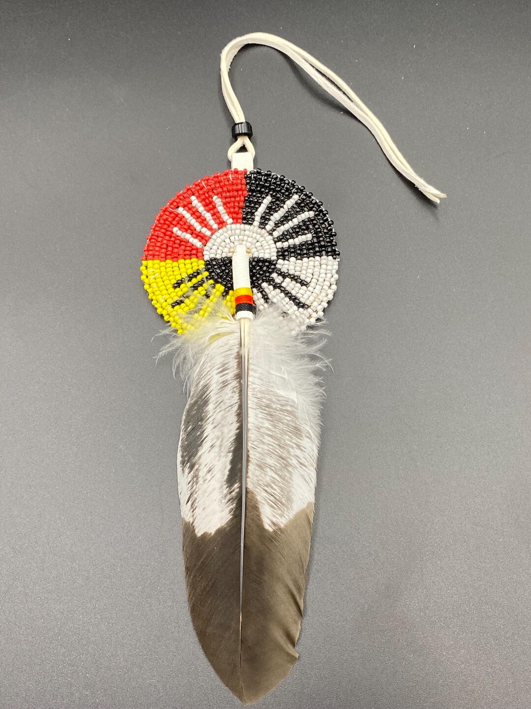 3” Inch Beaded Medallion With Imitation Eagle Feather. Powwow Regalia ...