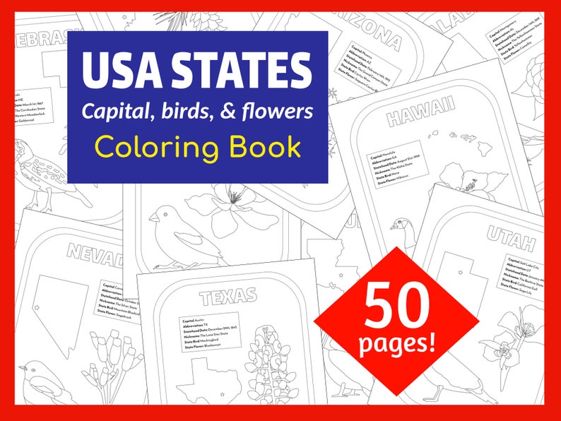 USA 50 States Coloring Book 50 Coloring Pages Instant Download PDF File ...