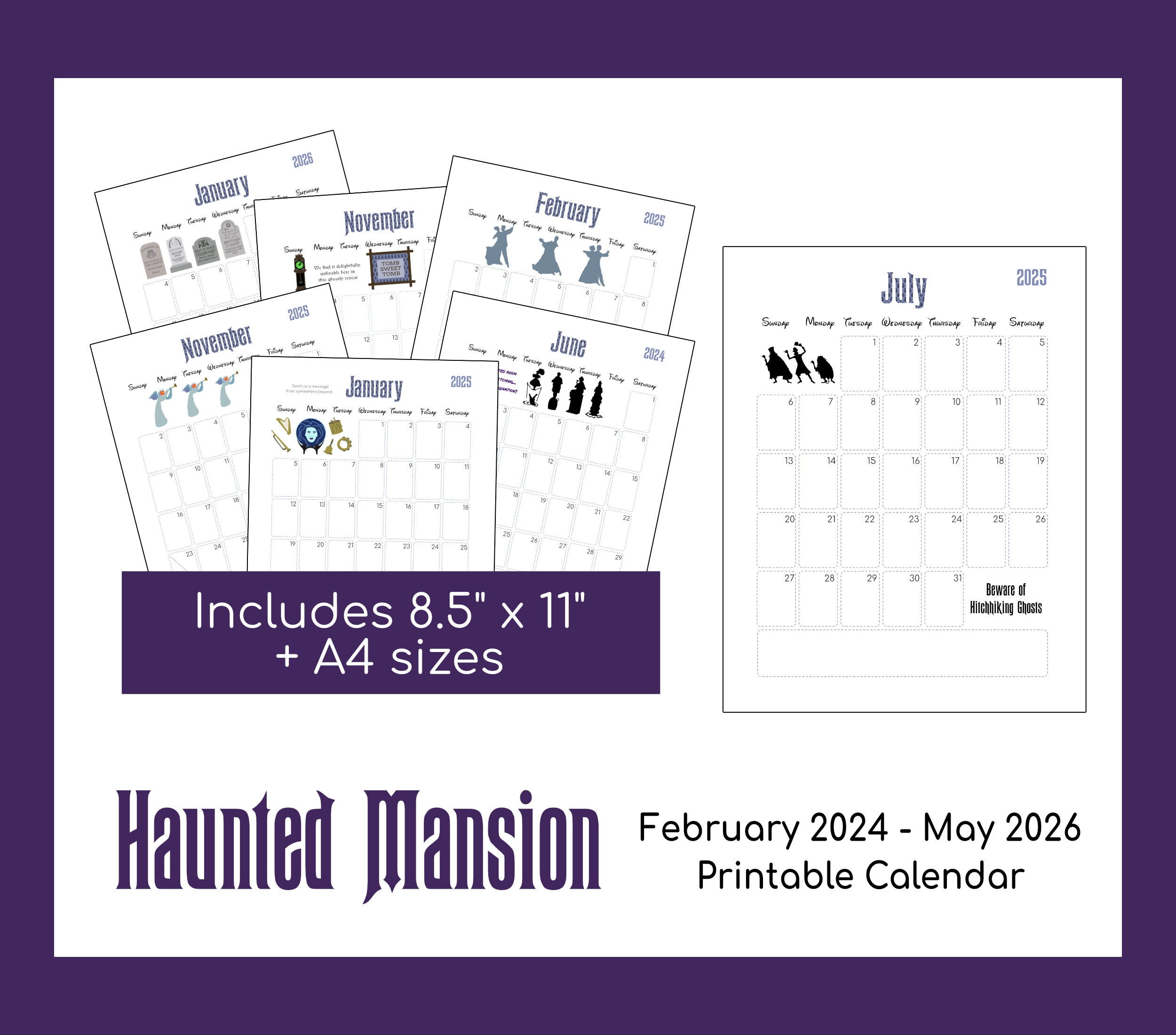 Haunted Mansion Printable Calendar February 2024 May 2026 Instant ...