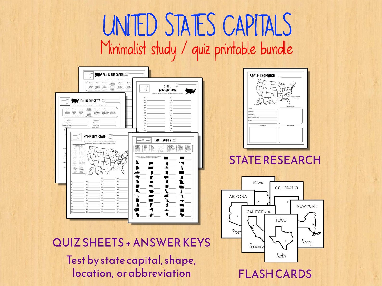 USA States and Capitals | Minimalist Quiz Worksheets, Flash Cards ...