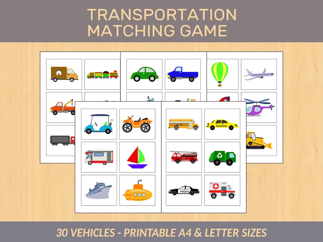 Printable Matching Transportation Game | 30 Vehicles | Classroom ...