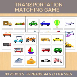 Printable Matching Transportation Game | 30 Vehicles | Classroom ...