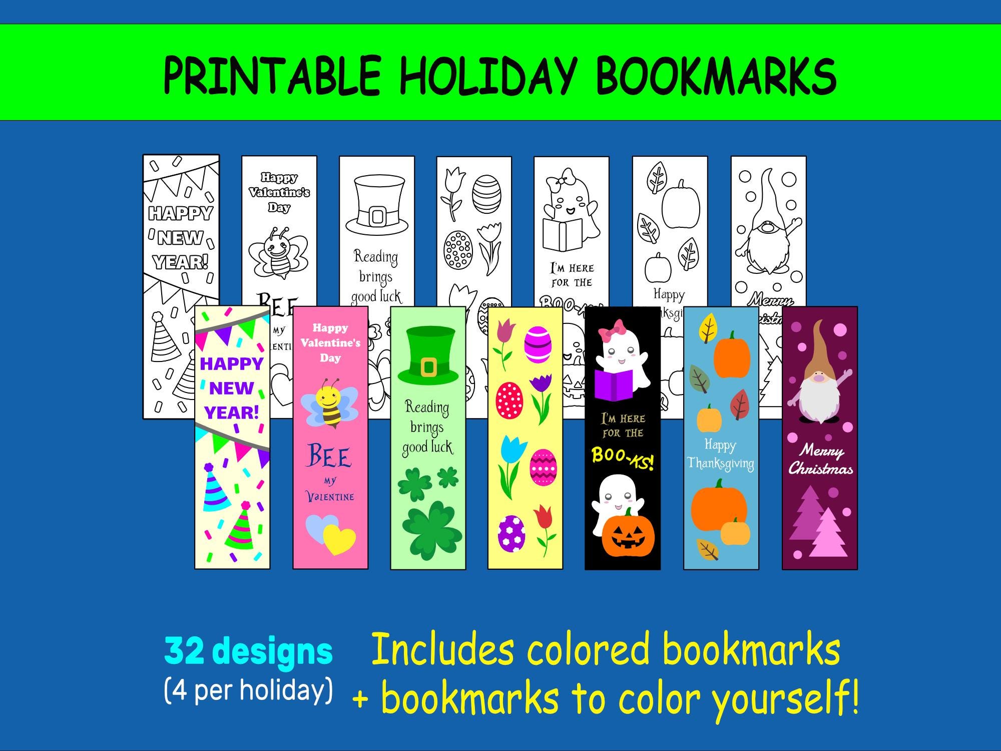 Printable Holiday Bookmarks | 32 Designs | Instant PDF Download | Color ...