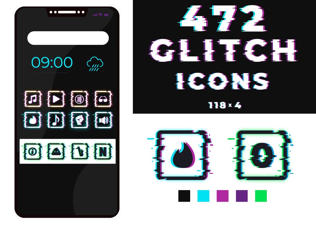 472 Glitch Effect Round Icons, iPhone IOS 16 App Icons Pack. Social ...