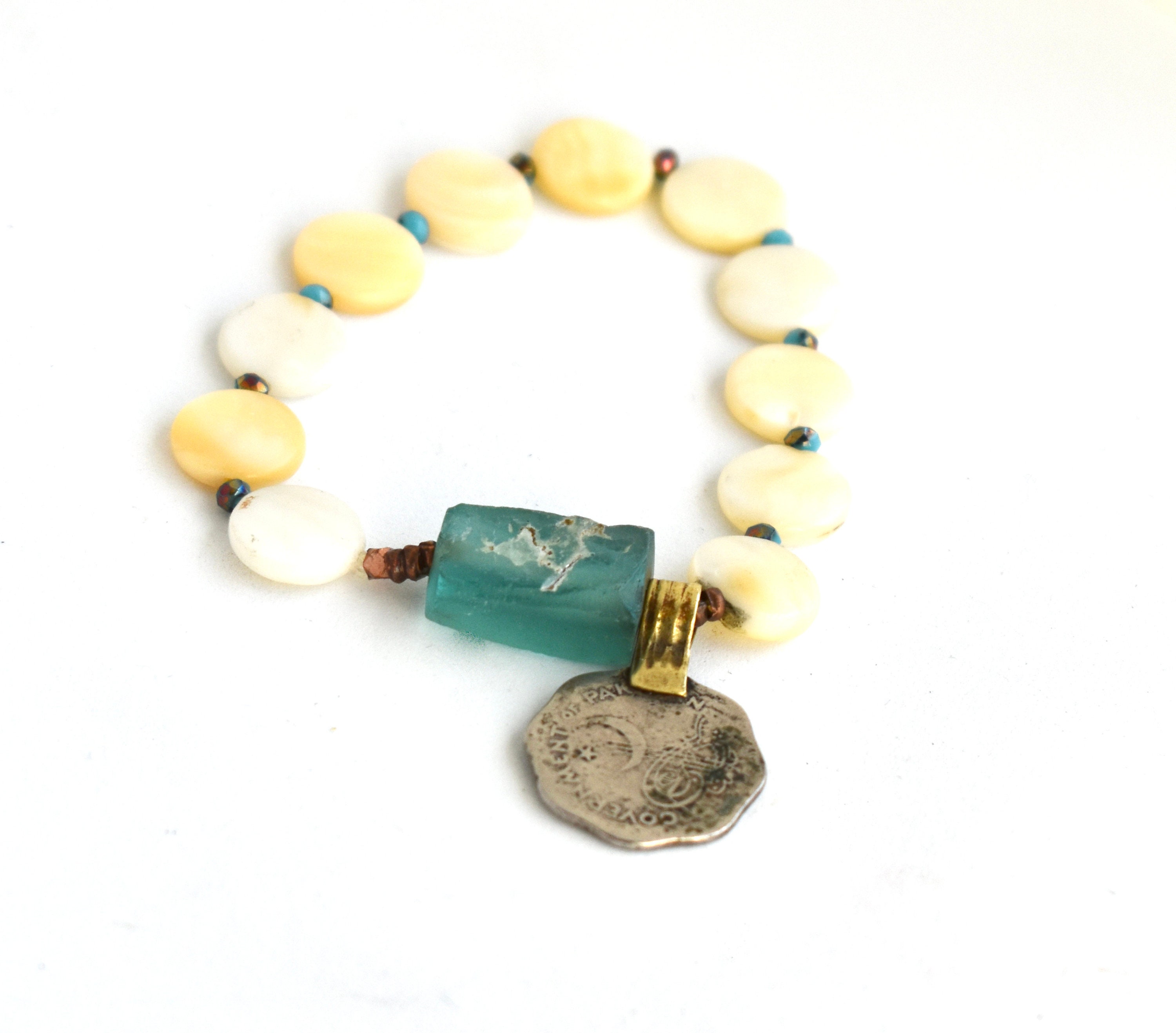 Roman Glass Bracelet With Vintage Coin Charm Sundance - Etsy