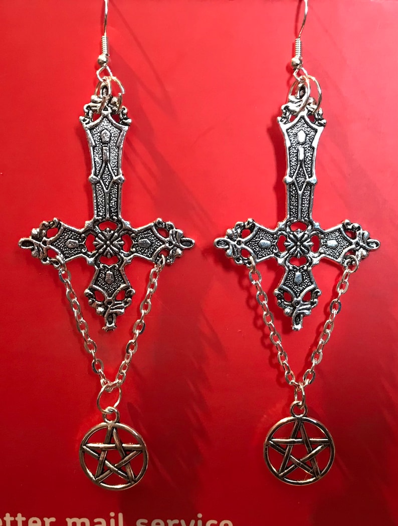 Large Inverted Cross Pentagram Earrings Satanic Jewellery/ | Etsy
