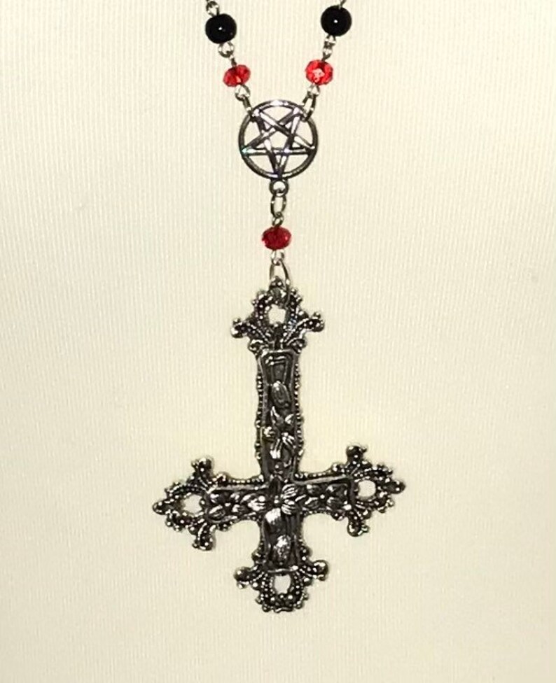 Inverted Cross and Pentagram Rosary Style Necklace Satanic - Etsy