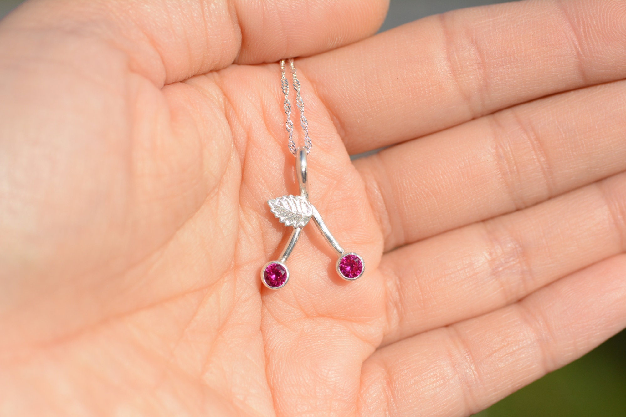 Cute Sterling Silver Cherries Pendant With Lab Rubies - Etsy UK