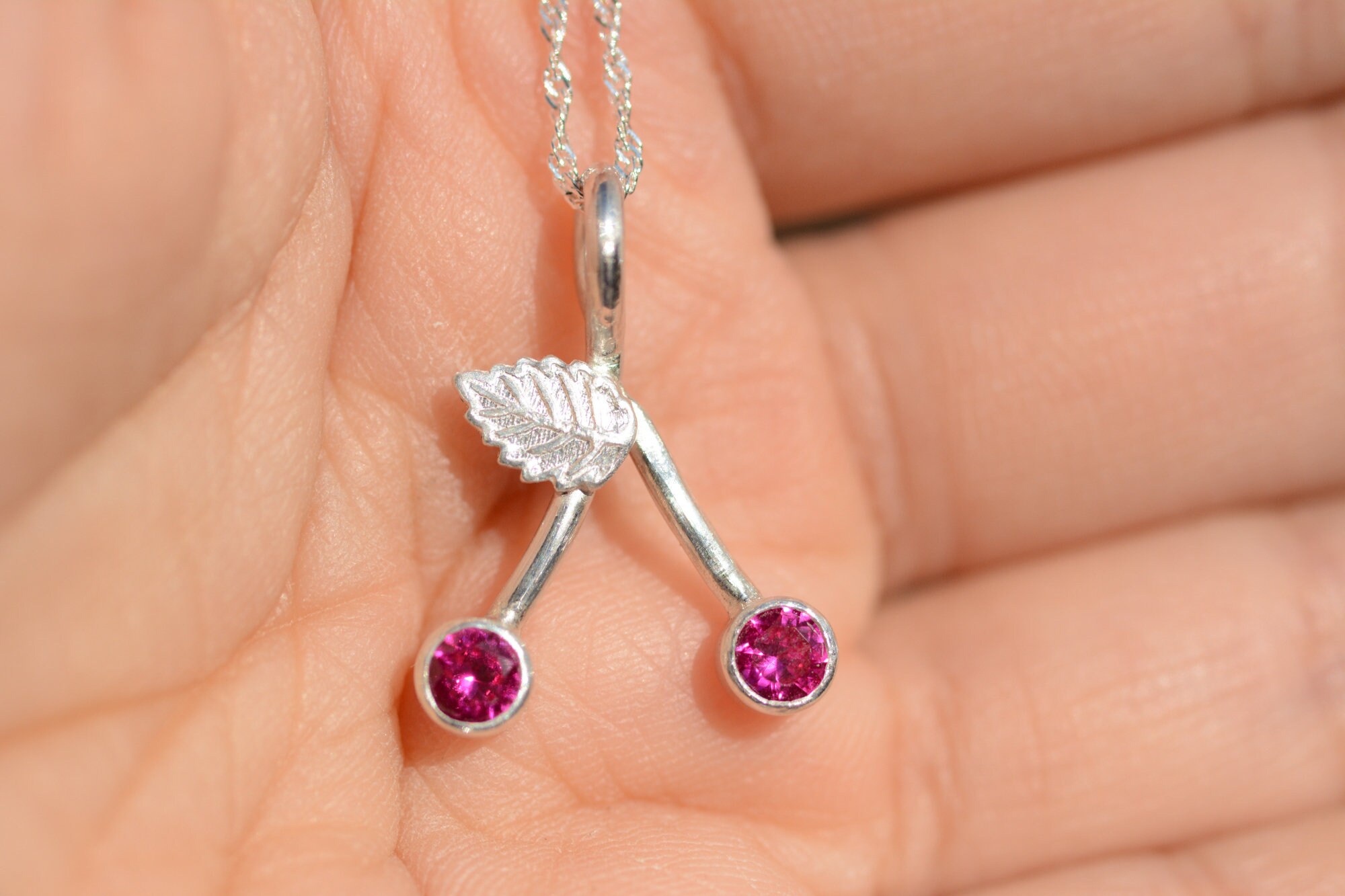 Cute Sterling Silver Cherries Pendant With Lab Rubies - Etsy UK