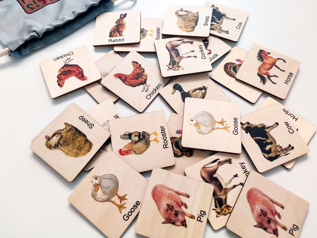 Wooden Memory Game Farm Animals Matching Cards Wood Montessori Toys ...