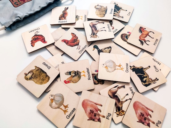 Wooden Memory Game Farm Animals Matching Cards Wood | Etsy