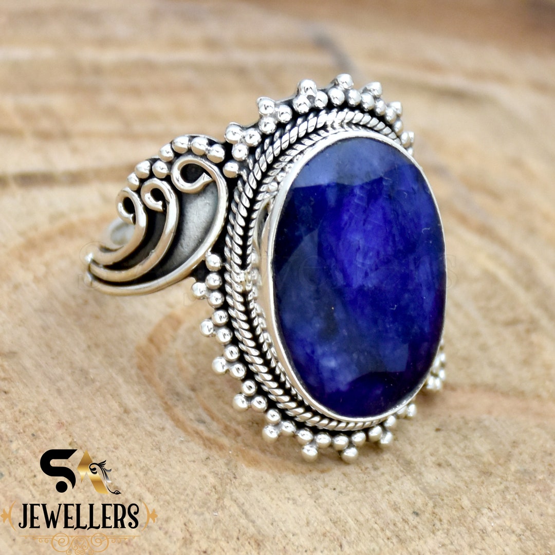 Indian Sapphire Ring, 925 Sterling Silver Ring, Oval Blue Sapphire Ring ...