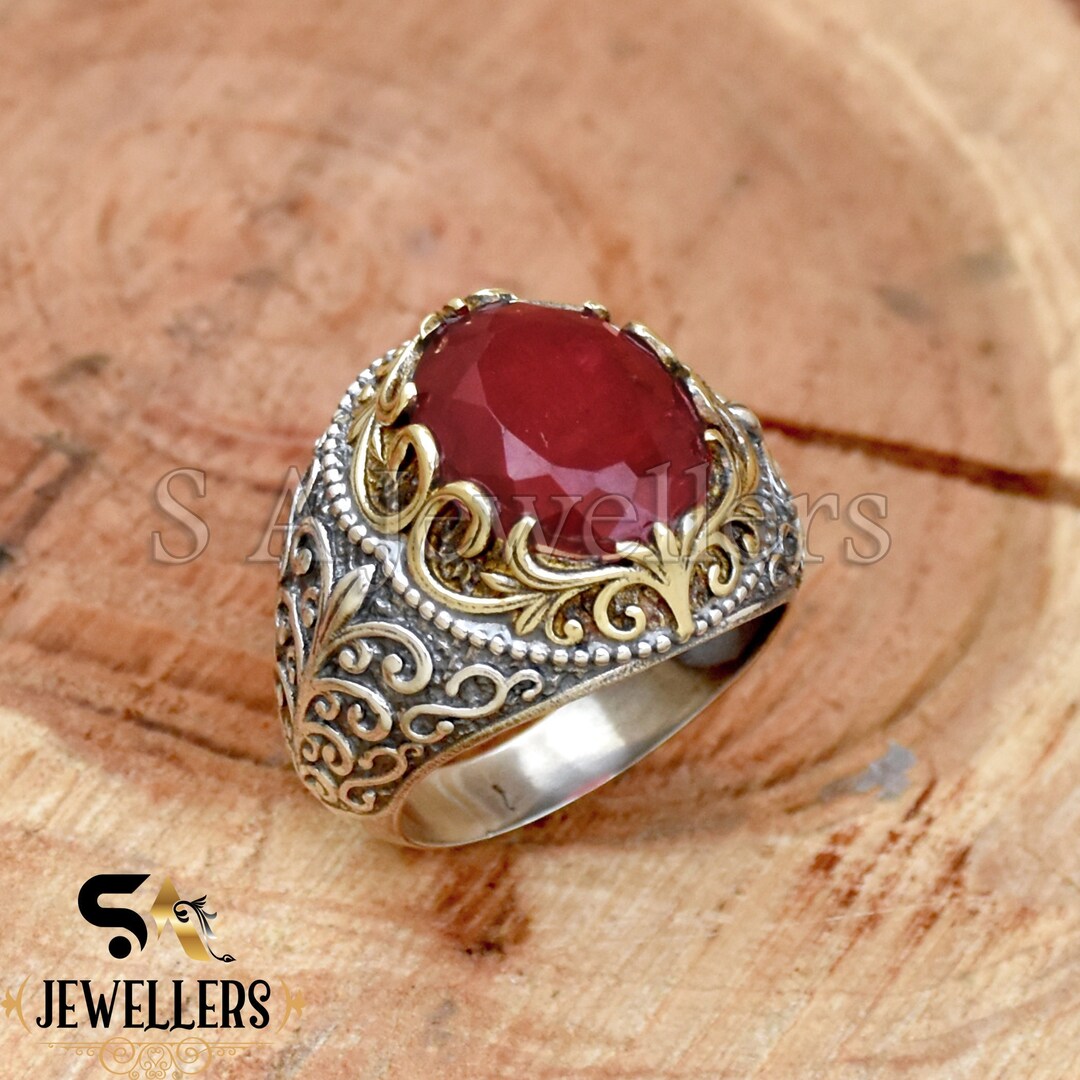Indian Ruby Ring Men's Ring 925 Silver Ring Two Tone - Etsy