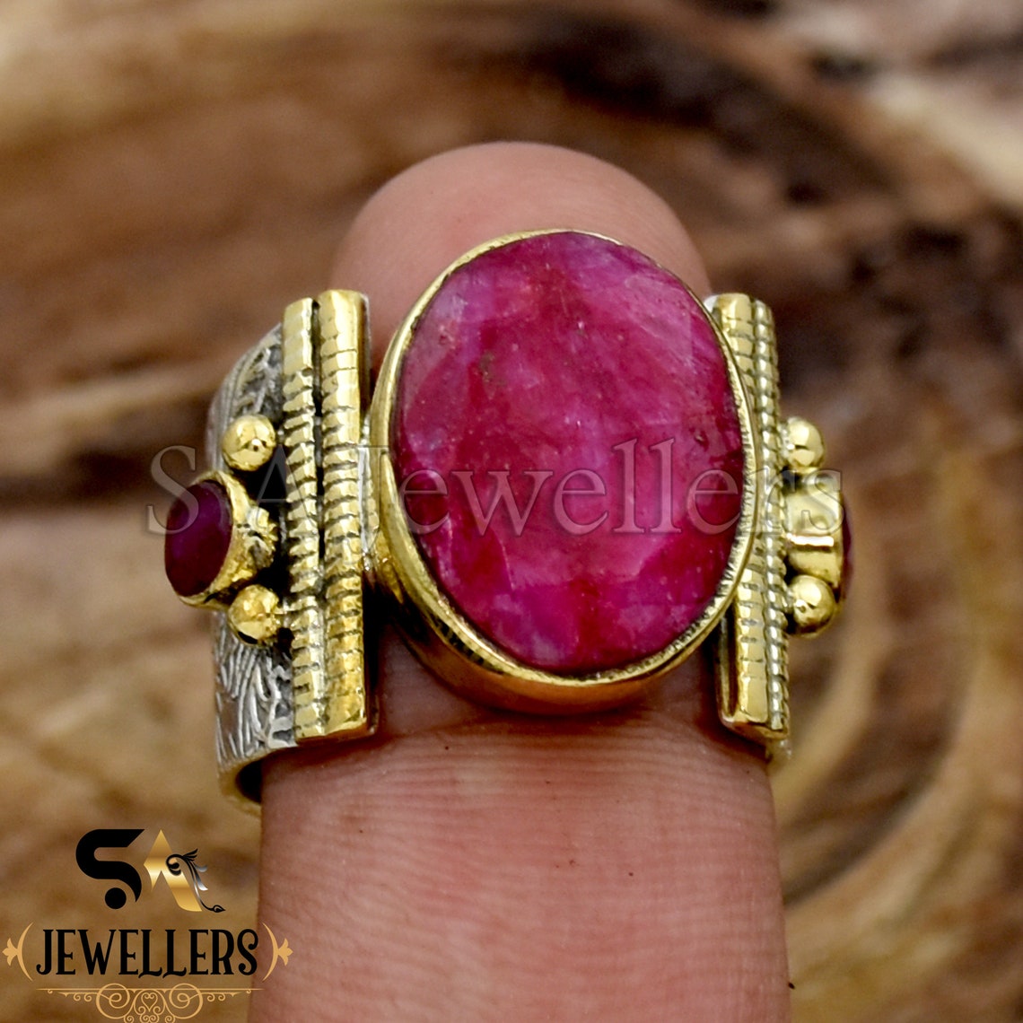Indian Ruby Ring Faceted Oval Ruby Ring Ruby Two Tone Ring - Etsy