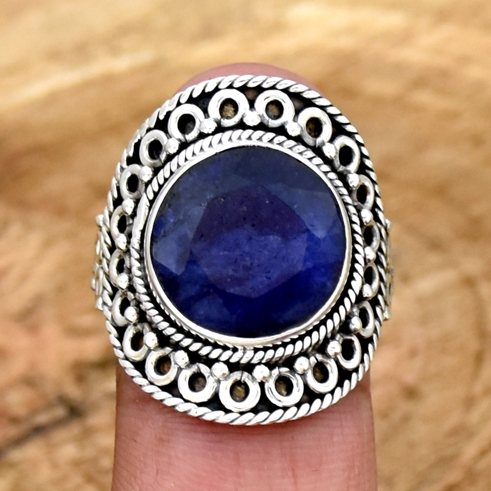 Indian Sapphire Ring 925 Sterling Silver Ring Round Blue | Etsy