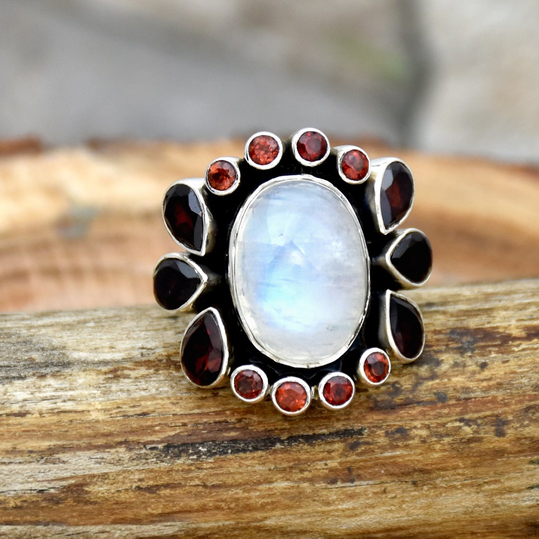 Handmade Moonstone Garnet Ring: Sterling Silver Multi-stone Jewelry - Etsy