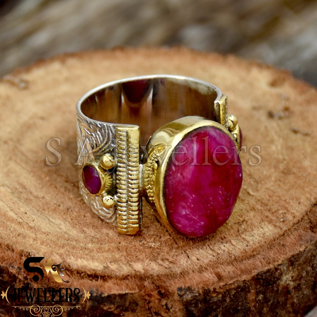 Indian Ruby Ring Faceted Oval Ruby Ring Ruby Two Tone Ring Ruby ...