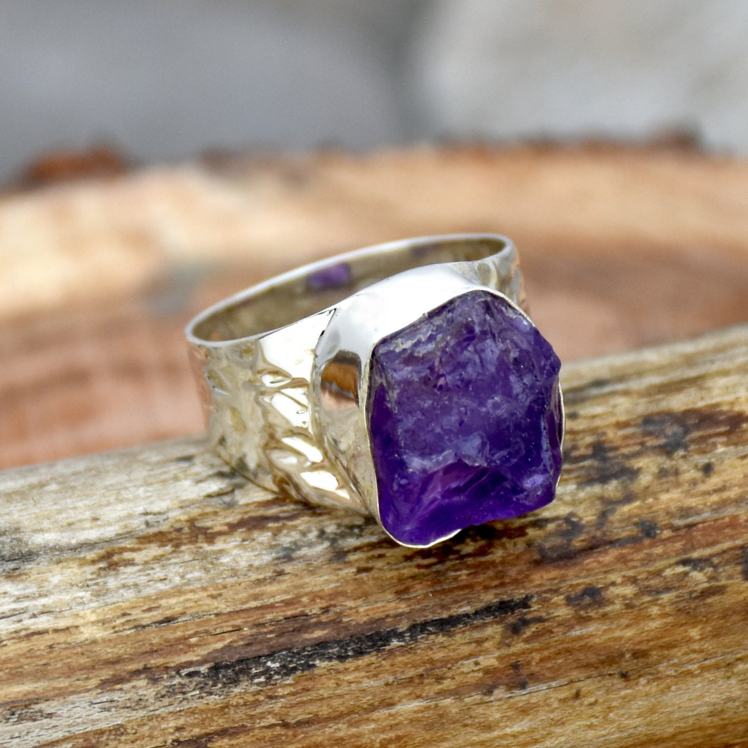 Raw Amethyst Ring, 925 Sterling Silver Ring Uncut Gemstone Ring, Bohemian Ring, Raw Crystal ...