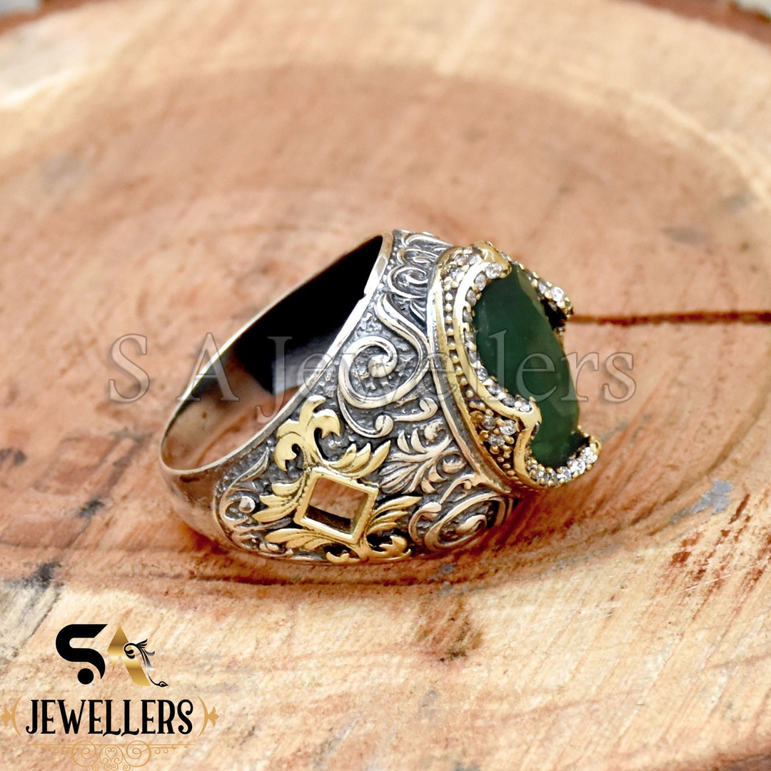 Indian Emerald Men's Ring: Two-tone 925 Sterling Silver CZ Ring - Etsy
