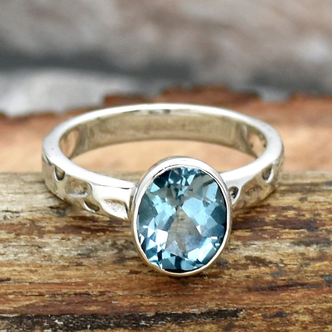 Oval Blue Topaz Ring: Hammered 925 Sterling Silver, December Birthstone ...